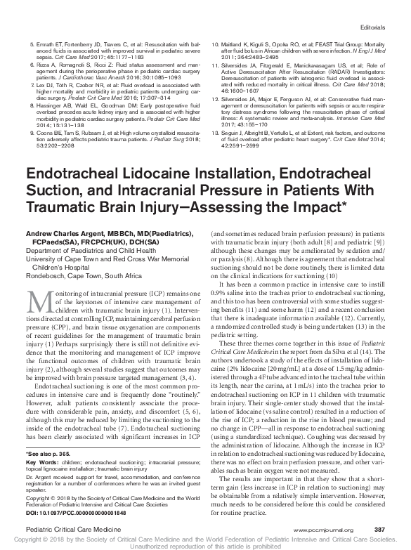(PDF) Endotracheal Lidocaine Installation, Endotracheal Suction, and ...