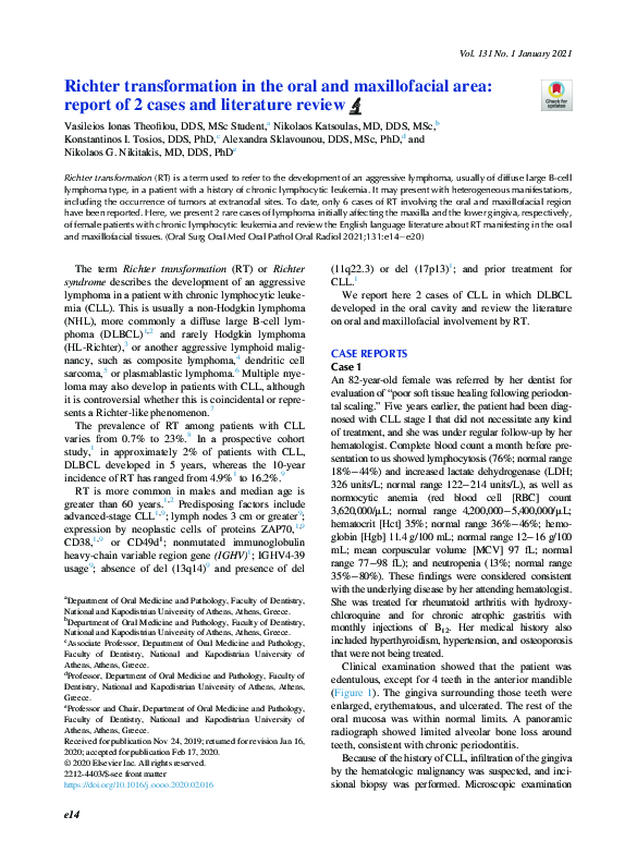 (PDF) Richter transformation in the oral and maxillofacial area: report ...