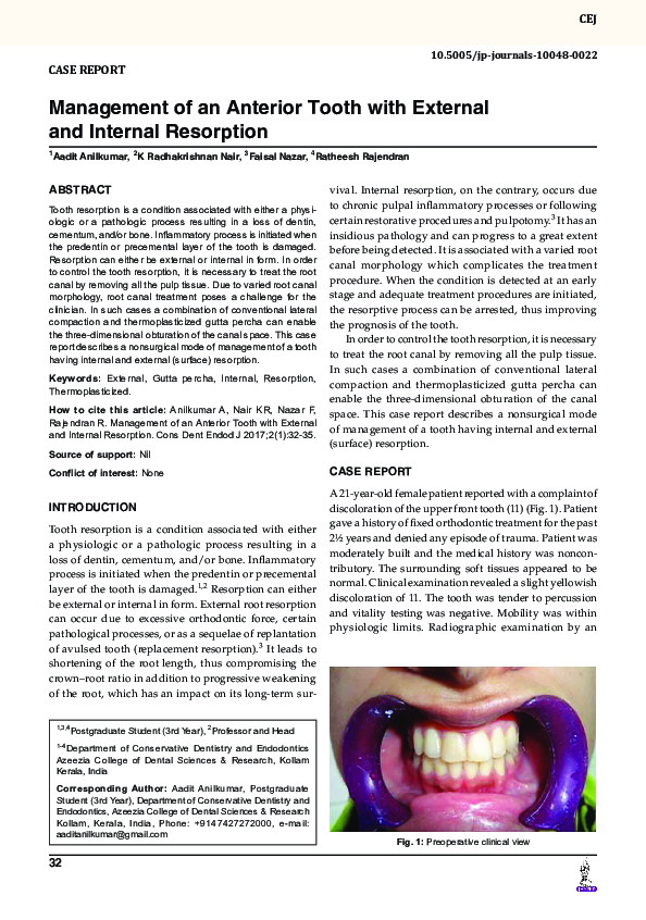 (PDF) Management of an Anterior Tooth with External and Internal Resorption