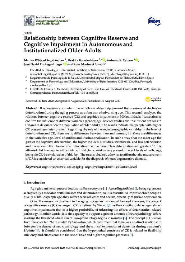 (PDF) Relationship between Cognitive Reserve and Cognitive Impairment in Autonomous and ...