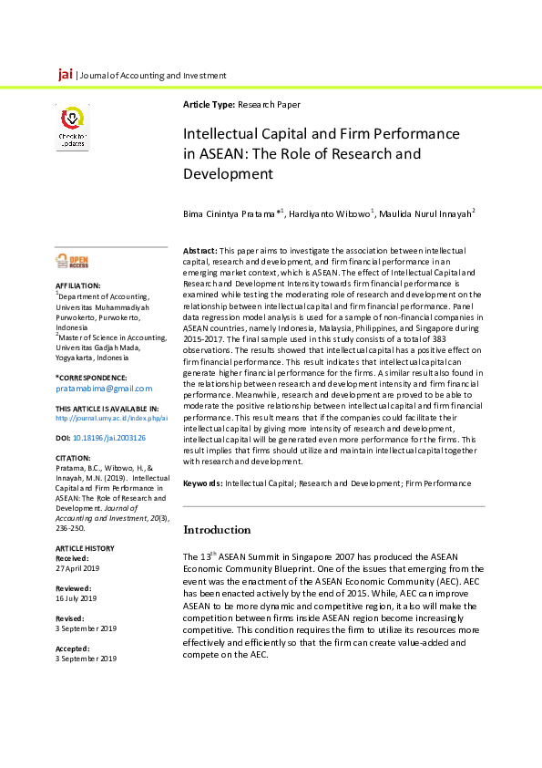 (PDF) Intellectual Capital and Firm Performance in ASEAN: The Role of Research and Development