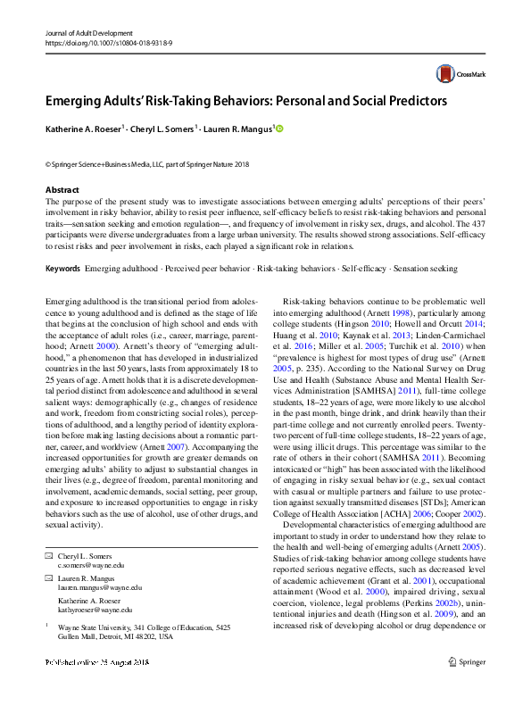 (PDF) Emerging Adults’ Risk-Taking Behaviors: Personal and Social ...