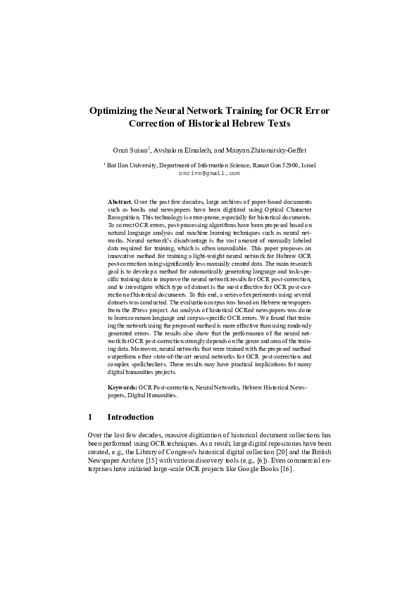(PDF) Optimizing Hebrew OCR Error Correction Algorithms