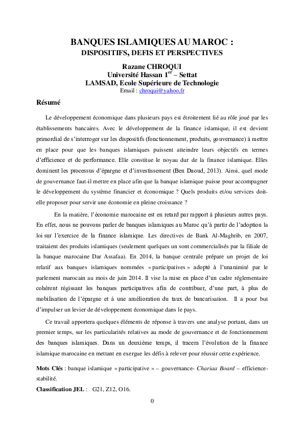 Pdf Banques Islamiques Au Maroc Dispositifs Defis Et Perspectives