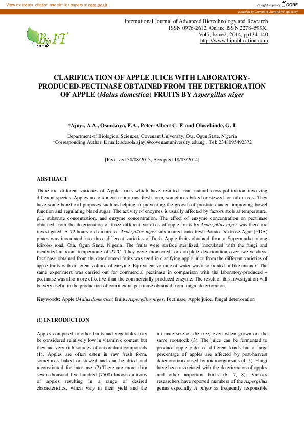 (PDF) CLARIFICATION OF APPLE JUICE WITH LABORATORY-PRODUCED-PECTINASE ...