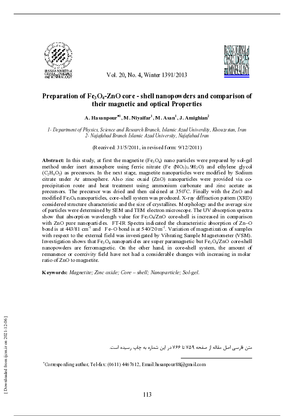 (PDF) Preparation of FE3O4-ZNO Core - Shell Nanopowders and Comparison Oftheir Magnetic and ...