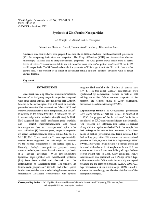 (PDF) Synthesis of Zinc Ferrite Nanoparticles