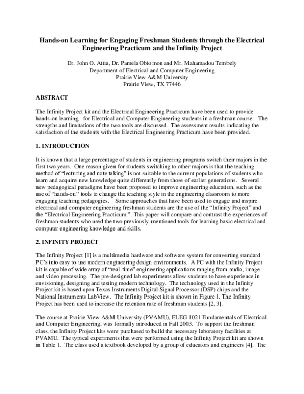 (PDF) Hands-on Learning for Engaging Freshman Students through the ...