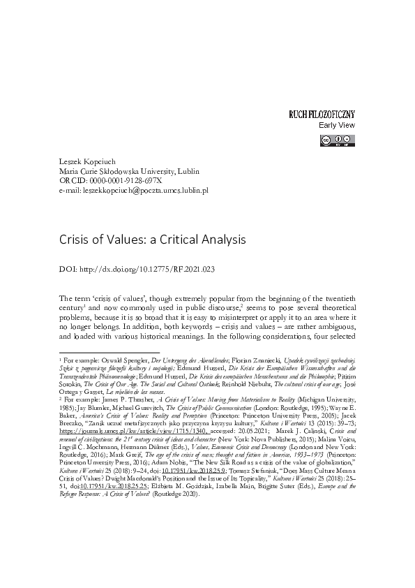(PDF) Crisis of Values: a Critical Analysis