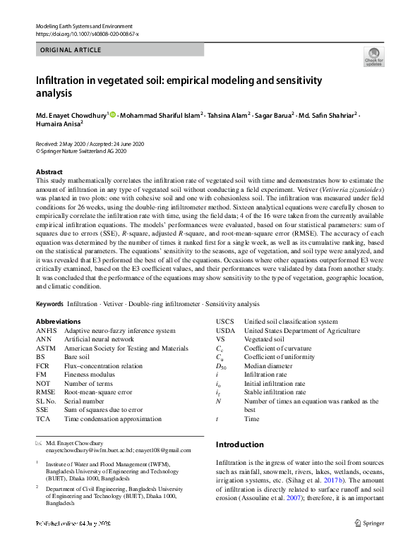 (PDF) Infiltration in vegetated soil: empirical modeling and sensitivity analysis
