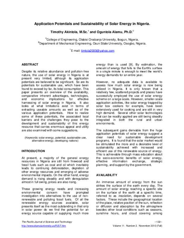 (PDF) Application Potentials and Sustainability of Solar Energy in Nigeria