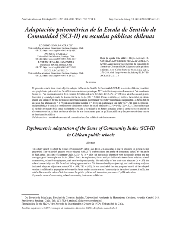 (PDF) Adaptación psicométrica de la Escala de Sentido de Comunidad (SCI-II) en escuelas públicas ...