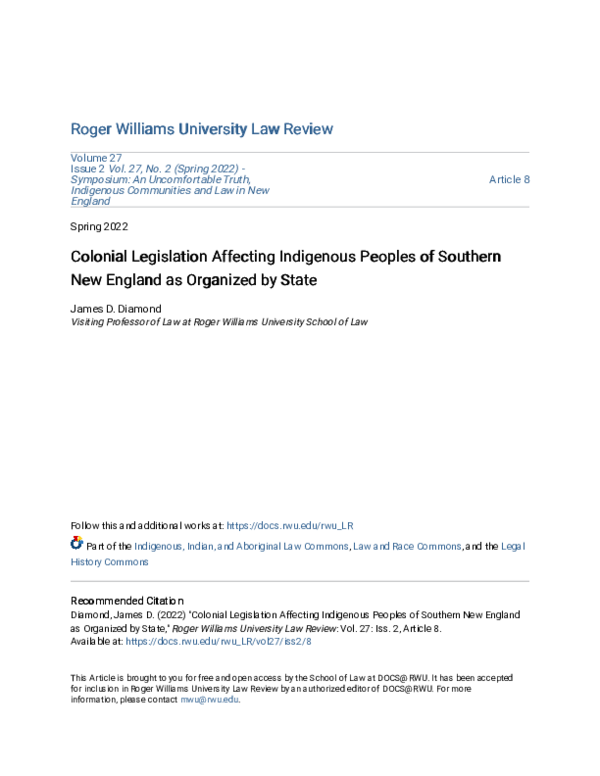 (PDF) Colonial Legislation Affecting Indigenous Peoples of Southern New ...