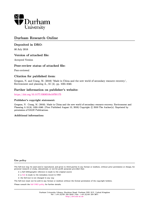 (PDF) Made in China and the new world of secondary resource recovery