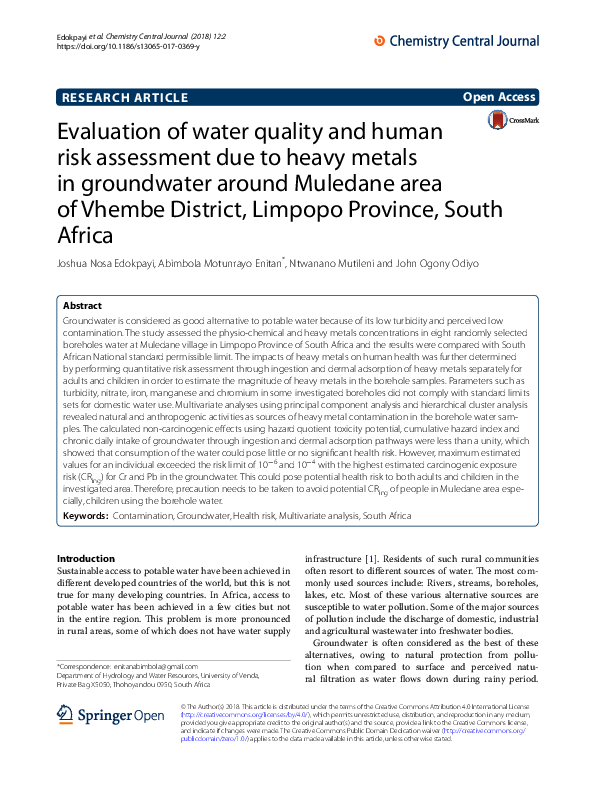 (PDF) Evaluation of water quality and human risk assessment due to ...