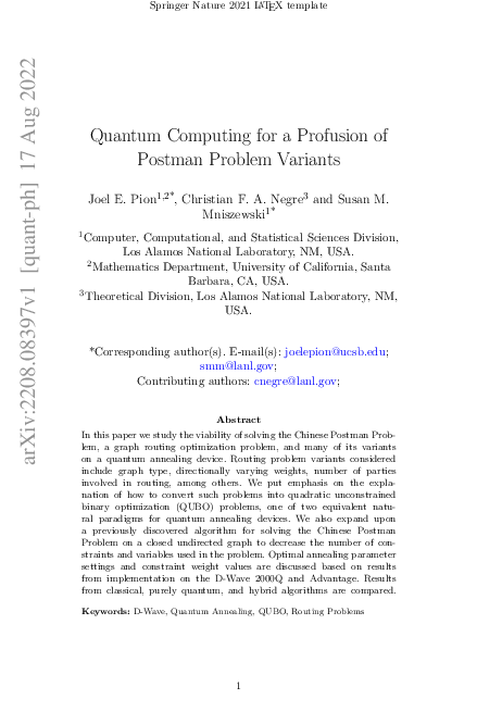 (PDF) Quantum Computing for a Profusion of Postman Problem Variants | Susan Mniszewski ...