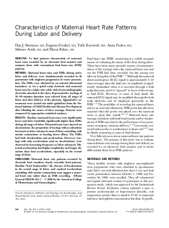 (PDF) Characteristics of maternal heart rate patterns during labor and delivery