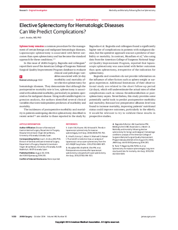 (PDF) Elective Splenectomy for Hematologic Diseases
