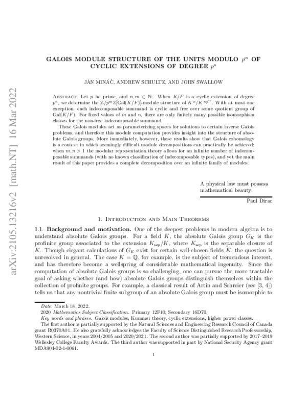 (PDF) Galois module structure of the units modulo $p^m$ of cyclic ...