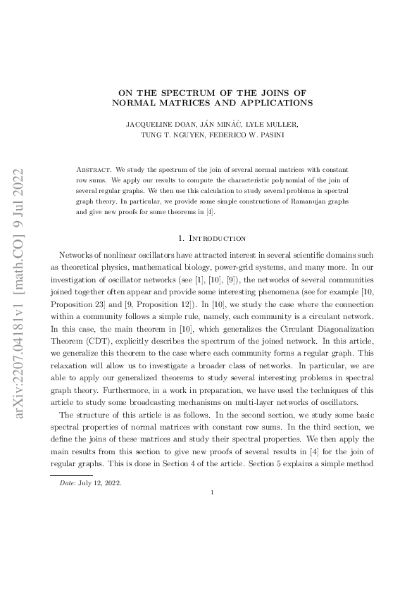 (PDF) On the spectrum of the joins of normal matrices and applications