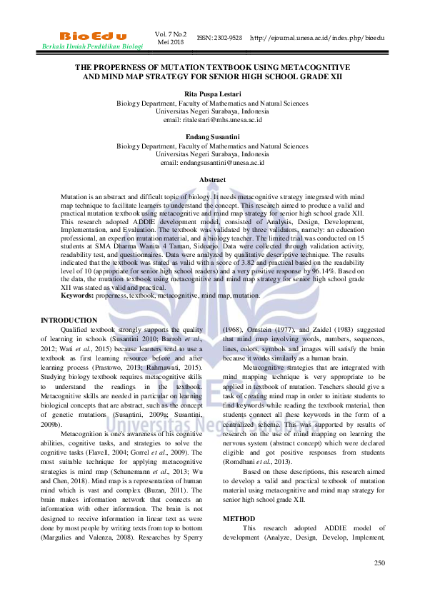 (PDF) The Properness of Mutation Textbook Using Metacognitive and Mind Map Strategy for Senior ...