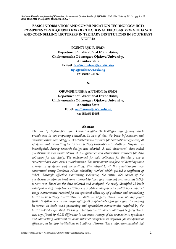 (PDF) Basic Information and Communication Technology (Ict) Competencies Required for ...