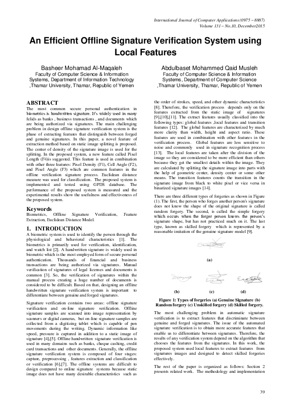 Pdf An Efficient Offline Signature Verification System Using Local
