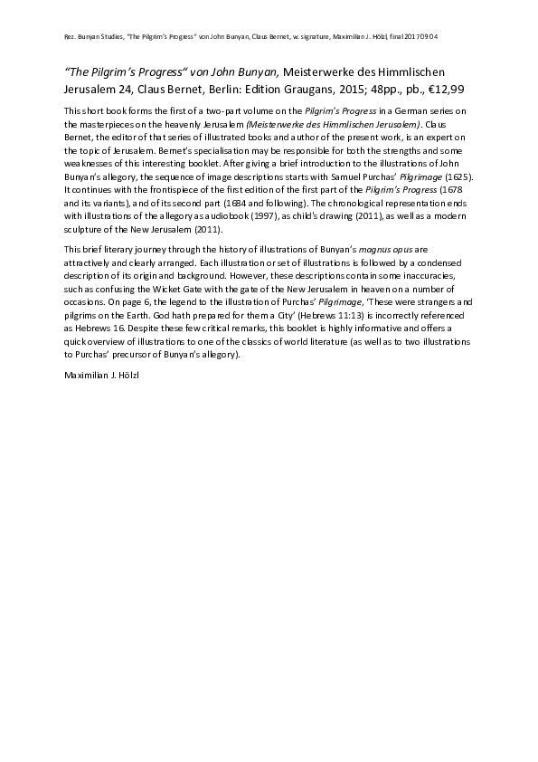 (PDF) Review of “The Pilgrim’s Progress“ von John Bunyan, Claus Bernet