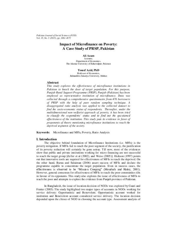 (PDF) Impact of Microfinance on Poverty: A Case Study of PRSP, Pakistan | Toseef Azid - Academia.edu