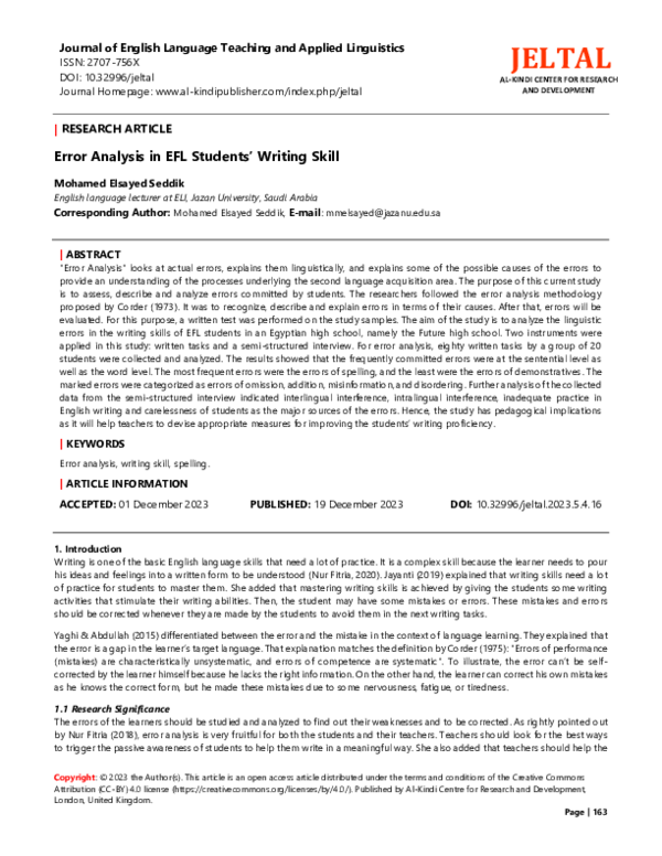 (PDF) Error Analysis in EFL Students' Writing Skill