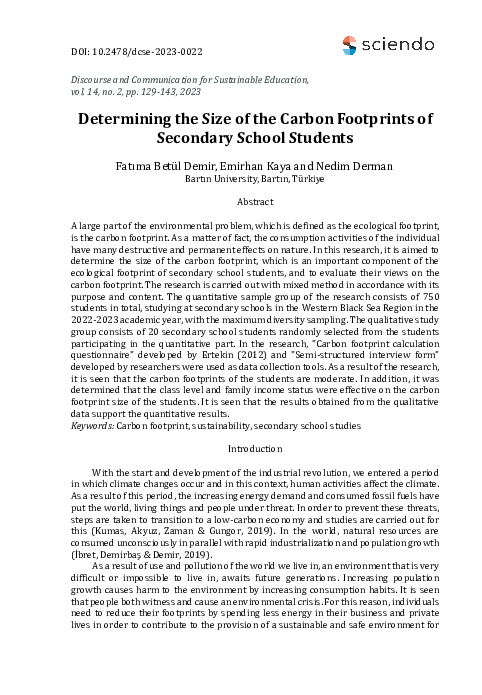 (PDF) Determining the Size of the Carbon Footprints of Secondary School Students