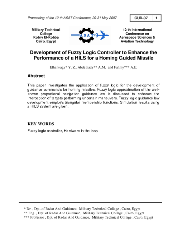 (PDF) Development of Fuzzy Logic Controller to Enhance the Performance of a HILS for a Homing ...