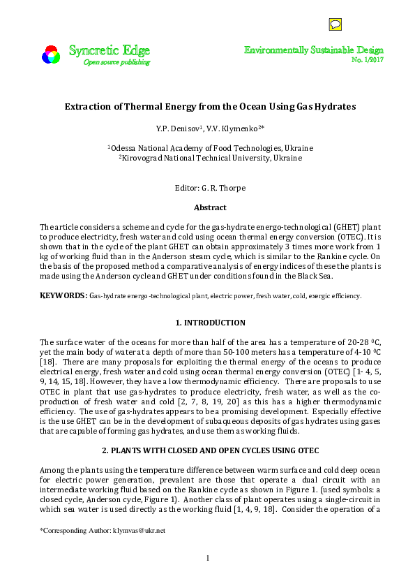 (PDF) Extraction of thermal energy from the ocean using gas hydrates