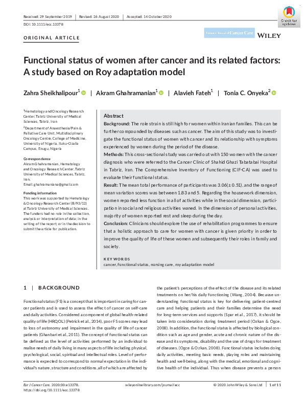 (PDF) Functional status of women after cancer and its related factors ...