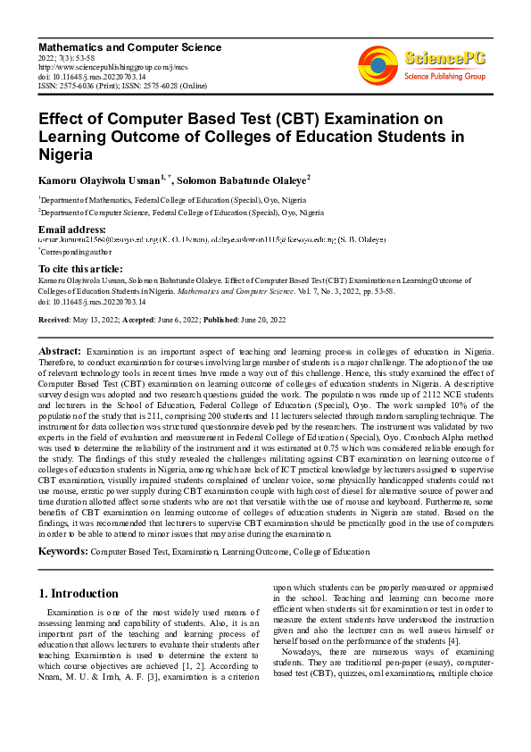 (PDF) Effect of Computer Based Test (CBT) Examination on Learning ...