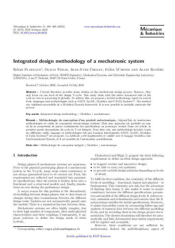 (PDF) Integrated design methodology of a mechatronic system