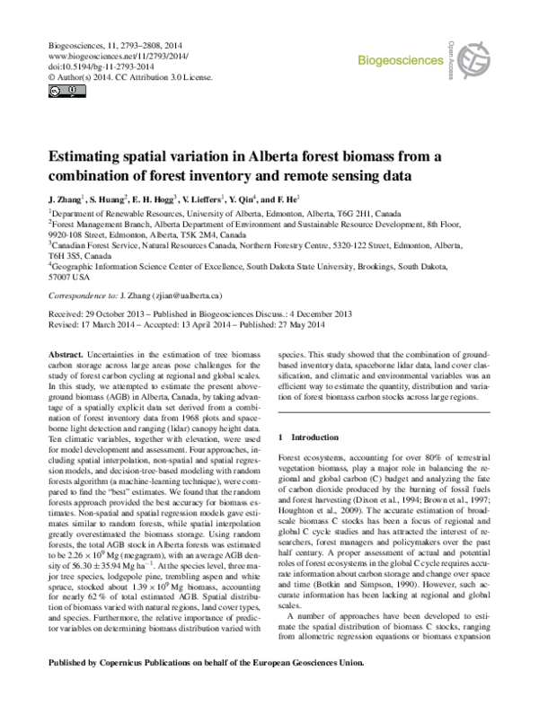 (PDF) Estimating spatial variation in Alberta forest biomass from a combination of forest ...