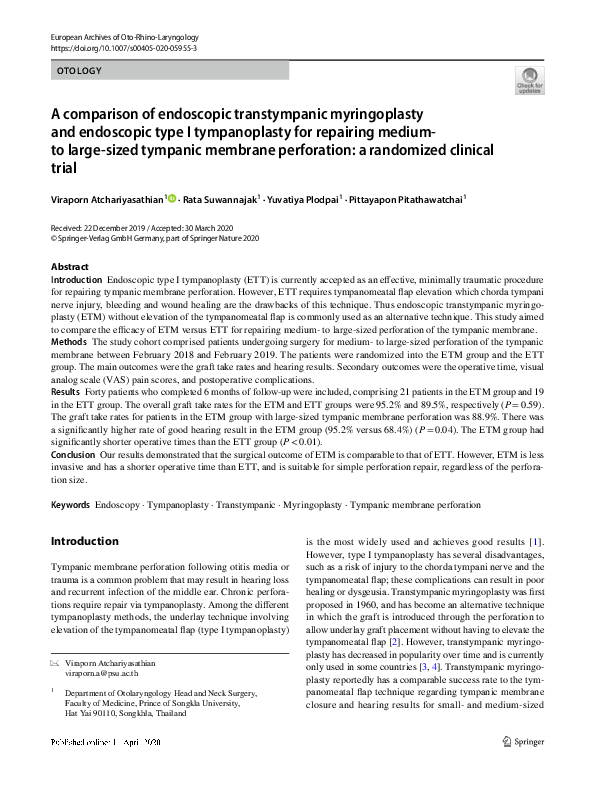 (PDF) A comparison of endoscopic transtympanic myringoplasty and ...
