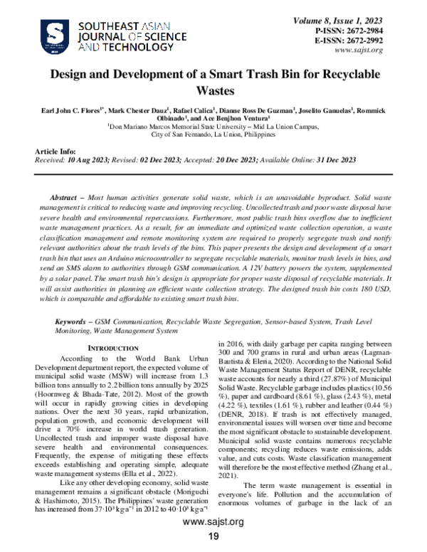 (PDF) Design and Development of a Smart Trash Bin for Recyclable Wastes