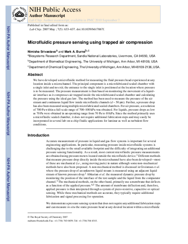 (PDF) Microfluidic pressure sensing using trapped air compression