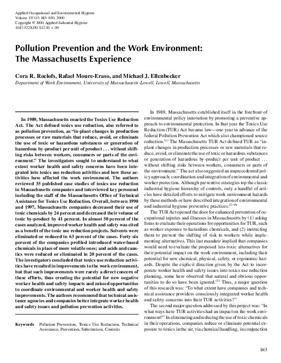 (PDF) Pollution Prevention and the Work Environment: The Massachusetts ...
