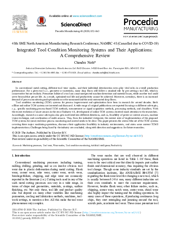 (PDF) Integrated Tool Condition Monitoring Systems and Their Applications: A Comprehensive Review