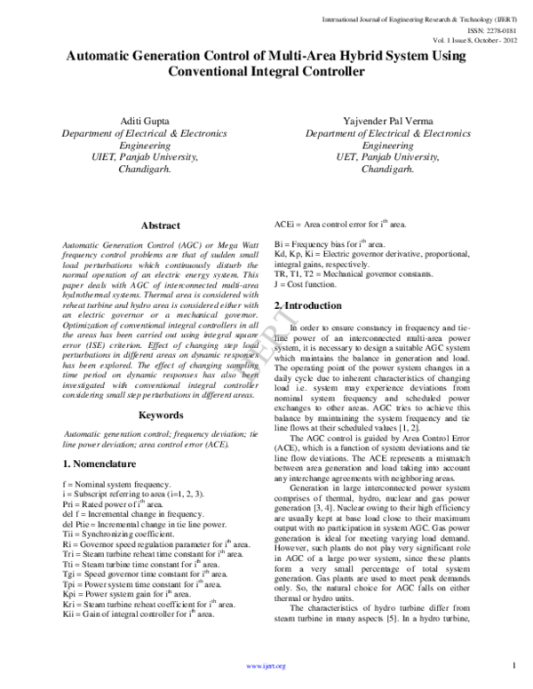 (PDF) Automatic Generation Control of Multi-Area Hybrid System Using ...