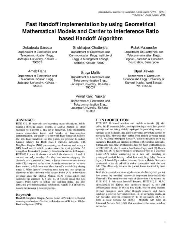 (PDF) Fast Handoff Implementation by using Geometrical Mathematical Models and Carrier to ...