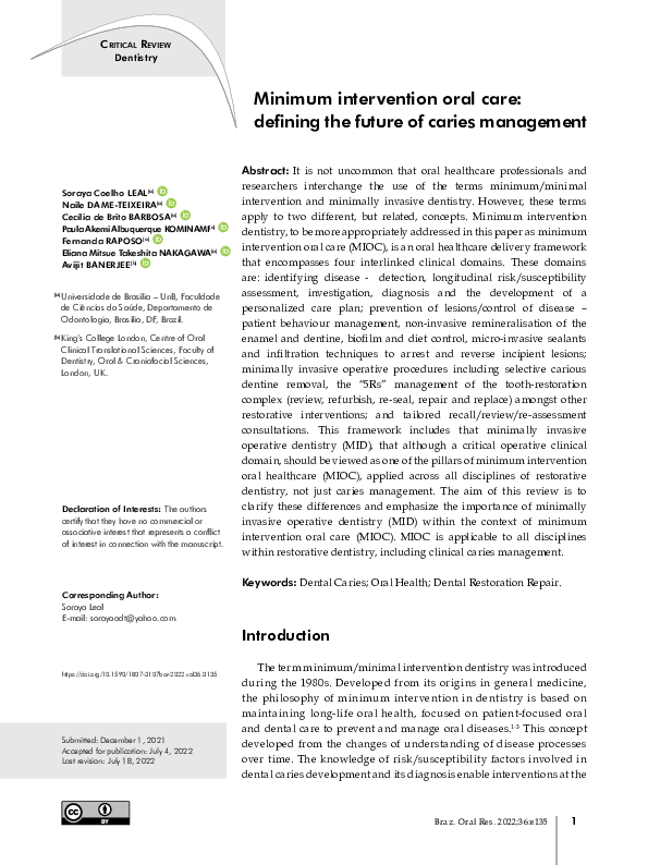 (PDF) Minimum intervention oral care: defining the future of caries ...