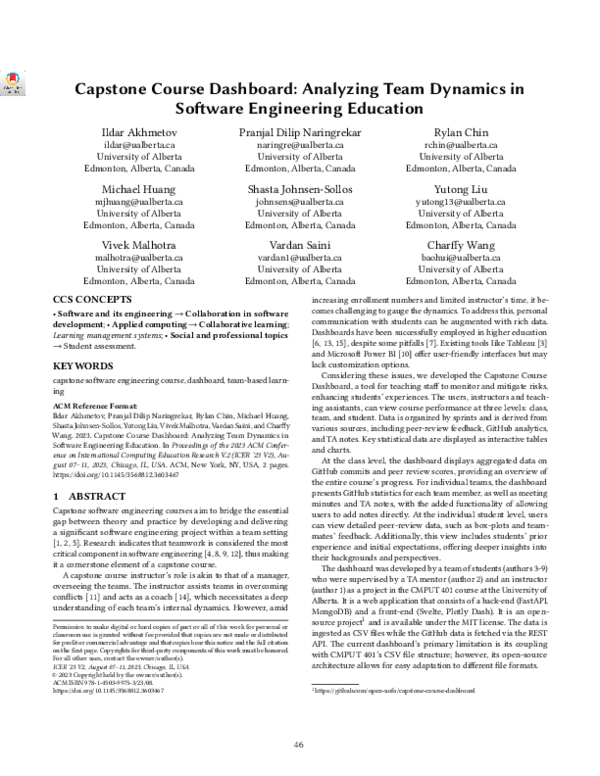 (PDF) Capstone Course Dashboard: Analyzing Team Dynamics in Software Engineering Education