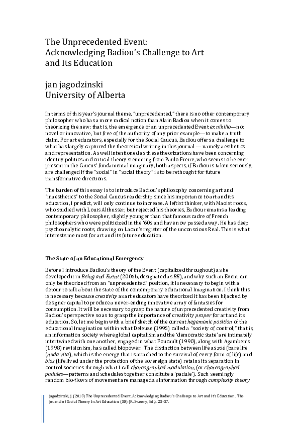 (PDF) The Unprecedented Event: Acknowledging Badiou’s Challenge to Art ...