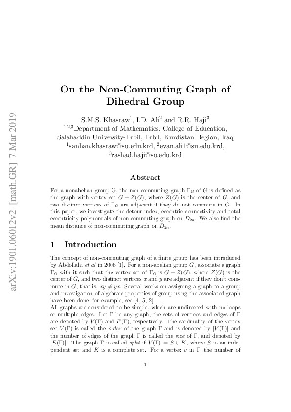 (PDF) On the Non-Commuting Graph of Dihedral Group