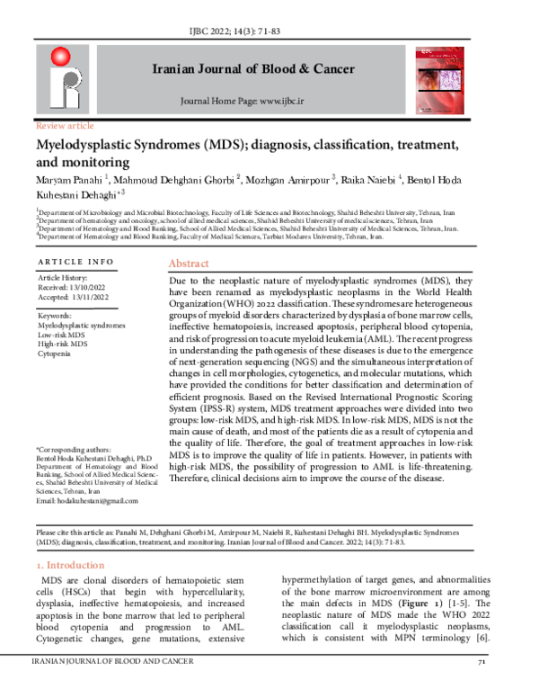 (PDF) Myelodysplastic Syndromes (MDS); diagnosis, classification ...
