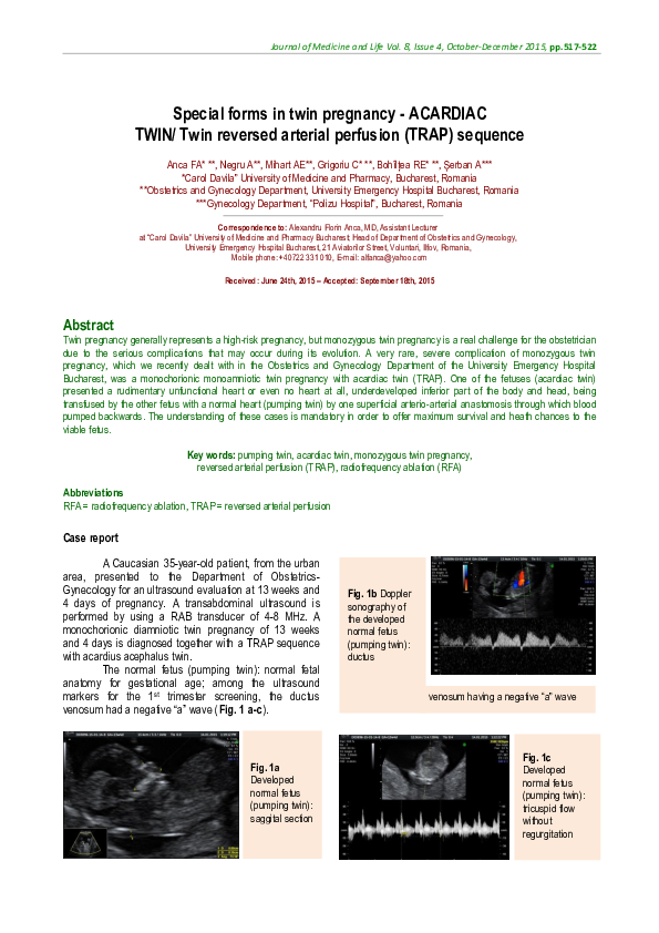 (PDF) Special forms in twin pregnancy - ACARDIAC TWIN/ Twin reversed ...